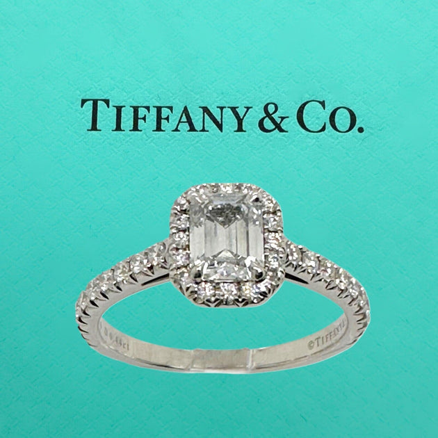 Tiffany Co. Soleste Emerald cut 0.44 ct Halo Engagement Ring Diamond QD Jewelry